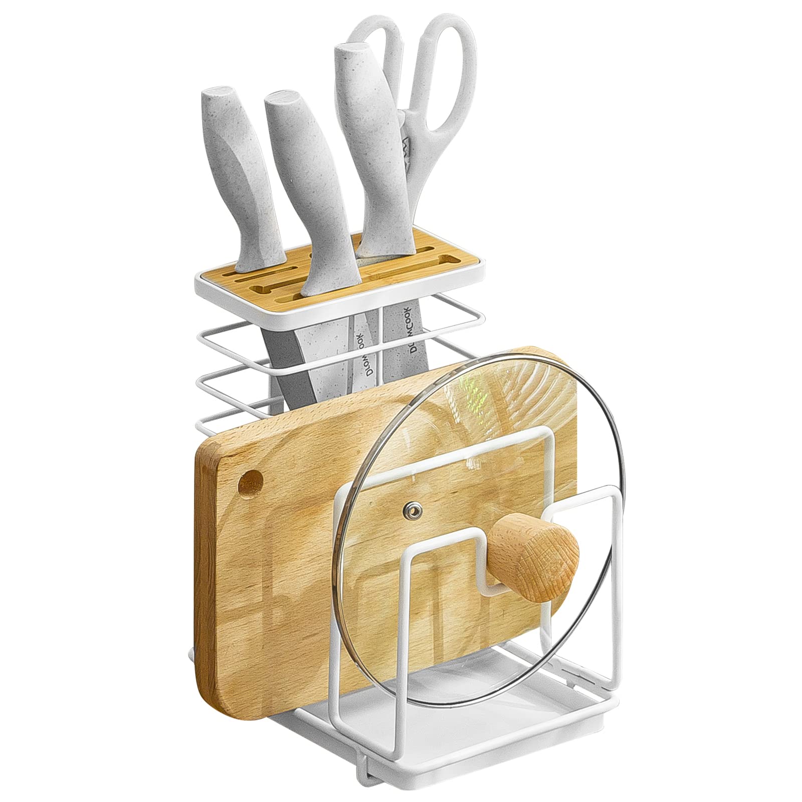 Poeland Cutting Boards Knife Organizer, 3 in 1 Kitchen Organizer Rack, Kitchen Utensils Rack Chopping Boards/Knives/Pot Pan Lid Storage with Drip Tray, White