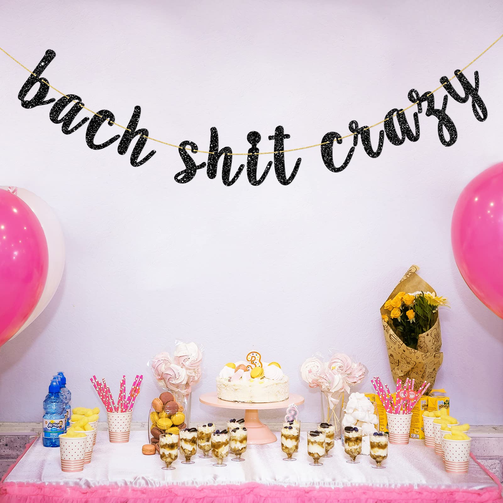 Bach Shit Crazy Banner Black Glitter Funny Wedding, Engagement Banner, Bachelorette Party Bunting Decorations