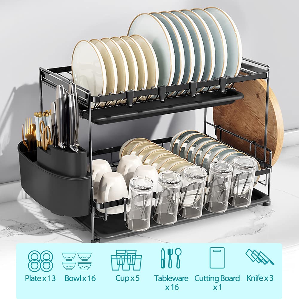 LEACHUTT Dish Drying Rack, 2 Tier Kitchen Dish Rack and Drainboard Set with Utensil, Cutlery and Cup Holder for Countertop, Large Rust-Proof Steel Dish Drainer for Plates, Mugs, Bowls, Knives, Black