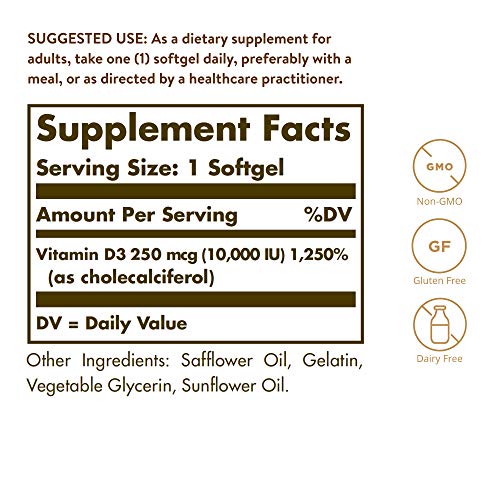Solgar Vitamin D3 Cholecalciferol 250 MCG 10000 IU Softgels Helps Maintain Healthy Bones Teeth Immune System Support Non GMO Gluten, Dairy Free Servings, 180 Count