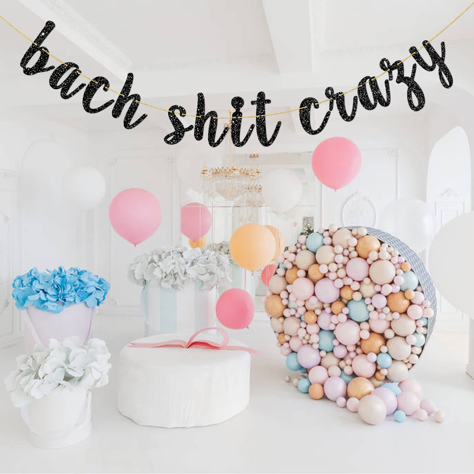 Bach Shit Crazy Banner Black Glitter Funny Wedding, Engagement Banner, Bachelorette Party Bunting Decorations
