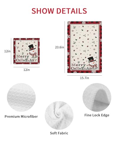 Hokiten Christmas Waffle Kitchen Towels Dishcloths, Red Black Plaid Snowman Xmas Winter Snowflake Absorbent Dish Towels | Hand Towels for Bathroom/Bar, 12 x 12 Inch, 2 Pcs
