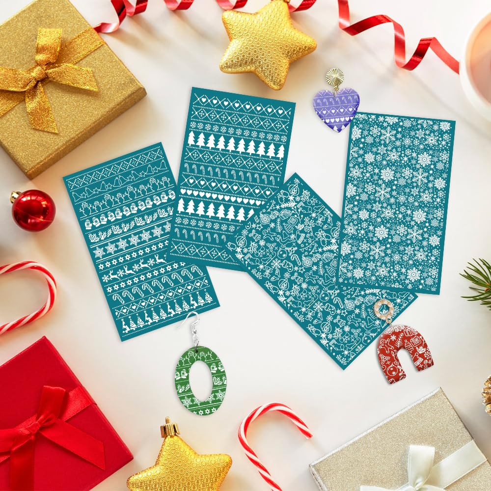 Vellibring Christmas Silk Screen Stencils for Polymer Clay,16Pcs Reusable Silk Screen Print Kit Clay Scraper Polymer Clay Cutters Polymer Clay Kit for Jewelry Clay Making Earrings Decoration Supplies