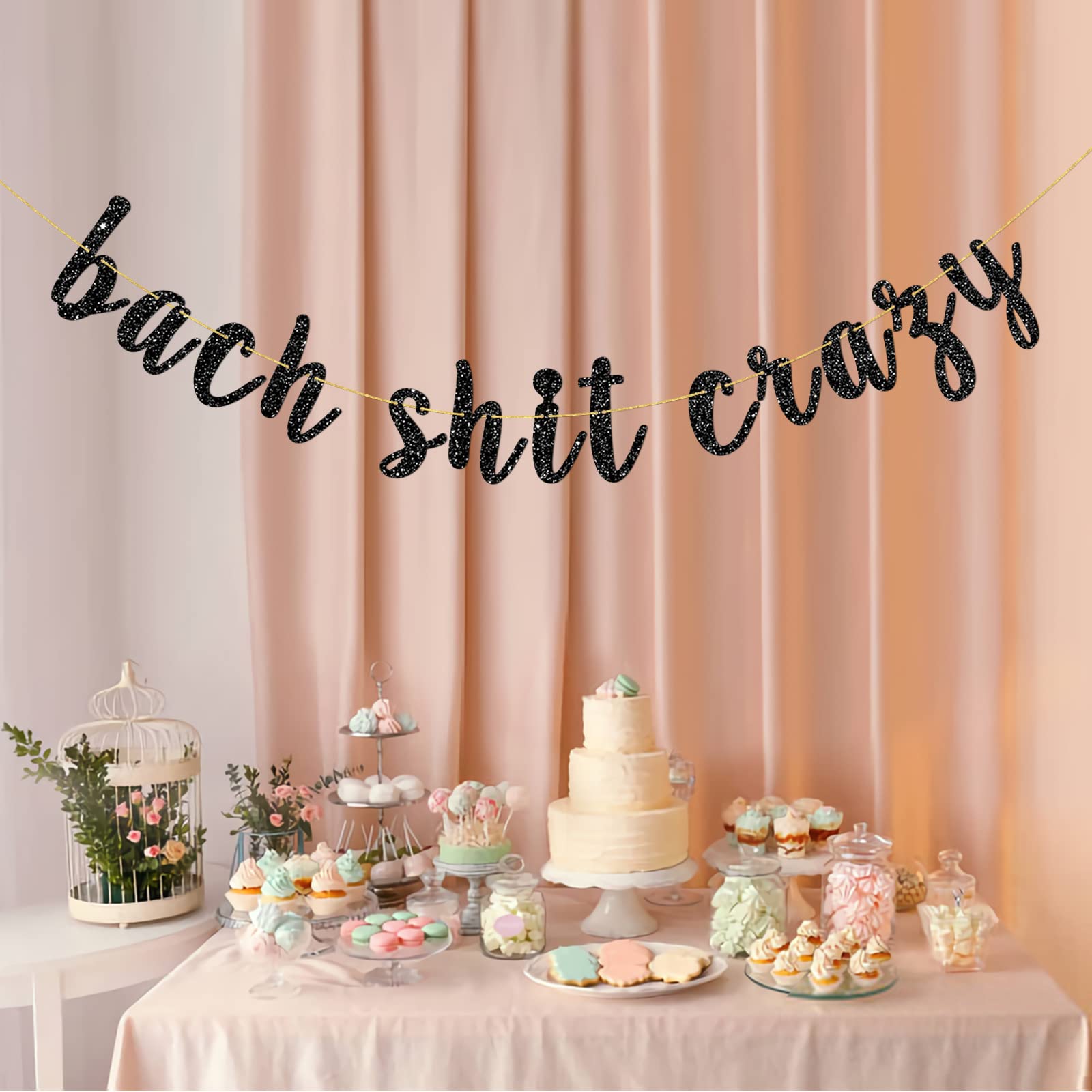 Bach Shit Crazy Banner Black Glitter Funny Wedding, Engagement Banner, Bachelorette Party Bunting Decorations