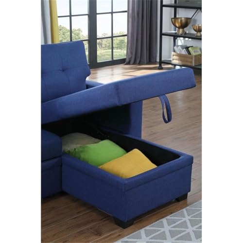 Devion Furniture L-Shaped Polyester Fabric Reversible, Easy Convertible Pull-Out Sleeper Sectional Sofa/Storage Chaise with Tufted Back Cushions and Track Arms in Blue