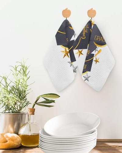 Hokiten Graduation Waffle Kitchen Towels Dishcloths, Yellow White Star Absorbent Dish Towels | Hand Towels for Bathroom/Bar, 12 x 12 Inch, 2 Pcs