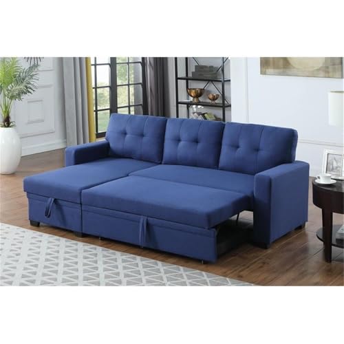 Devion Furniture L-Shaped Polyester Fabric Reversible, Easy Convertible Pull-Out Sleeper Sectional Sofa/Storage Chaise with Tufted Back Cushions and Track Arms in Blue