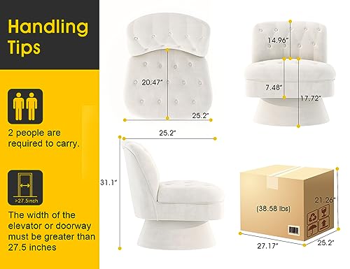 Dewhut Modern 360 Degree Swivel Velvet Barrel Accent Chair, Comfy Side Corner Sofa Chair for Small Space, Button Tufted Upholstered Armless Chair for Living Room, Bedroom, Office, Vanity(Beige)