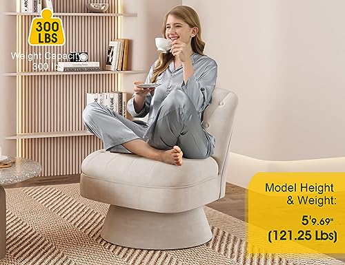Dewhut Modern 360 Degree Swivel Velvet Barrel Accent Chair, Comfy Side Corner Sofa Chair for Small Space, Button Tufted Upholstered Armless Chair for Living Room, Bedroom, Office, Vanity(Beige)