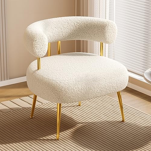 Dewhut Mid Century Sherpa Boucle Accent Chair, Round Upholstered Barrel Arm Chair for Small Spaces, Fluffy Side Corner Sofa Armchair for Living Room, Bedroom, Vanity, Office, Reading Nook(Cream White)