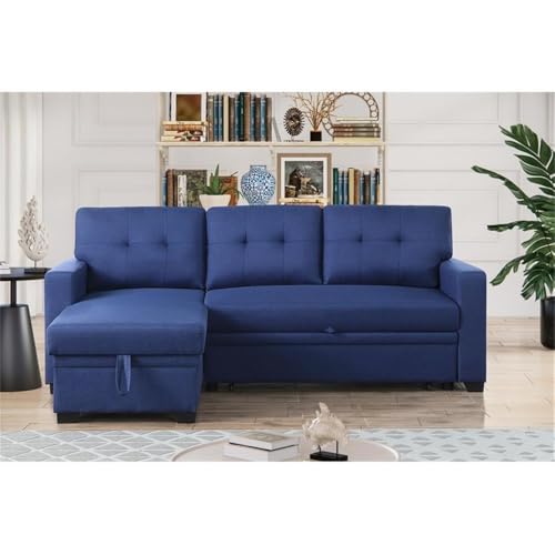 Devion Furniture L-Shaped Polyester Fabric Reversible, Easy Convertible Pull-Out Sleeper Sectional Sofa/Storage Chaise with Tufted Back Cushions and Track Arms in Blue