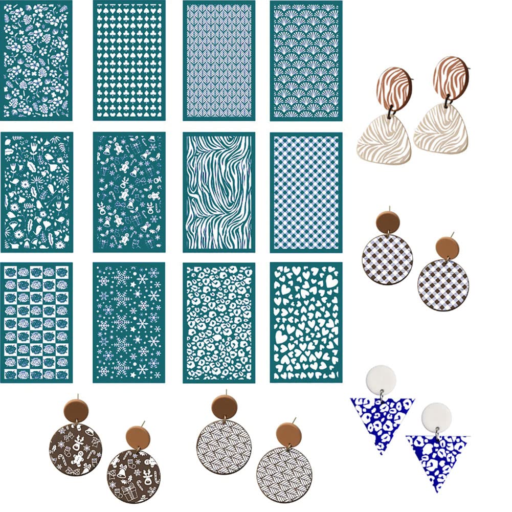 Reusable Silk Screen Polymer Clay Kit Flower Leaves Love Heart Christmas Bells Snowlake Decoration Silk Screen Stencils Polymer Clay Tools Printing on Clay & Other Jewelry Clay Earrings Decoration
