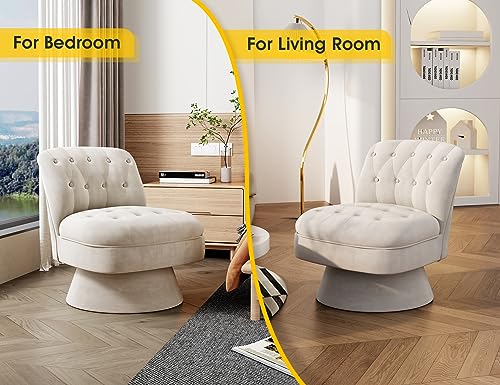 Dewhut Modern 360 Degree Swivel Velvet Barrel Accent Chair, Comfy Side Corner Sofa Chair for Small Space, Button Tufted Upholstered Armless Chair for Living Room, Bedroom, Office, Vanity(Beige)