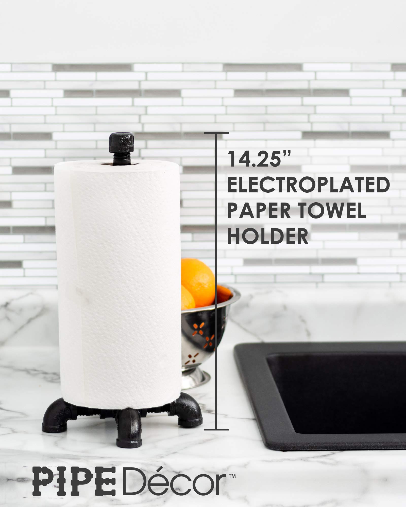 Pipe DÉCOR Black Electroplated Industrial Paper Towel Holder, Rustic Kitchen Farmhouse Decoration, Durable Metal Base and Stand Set