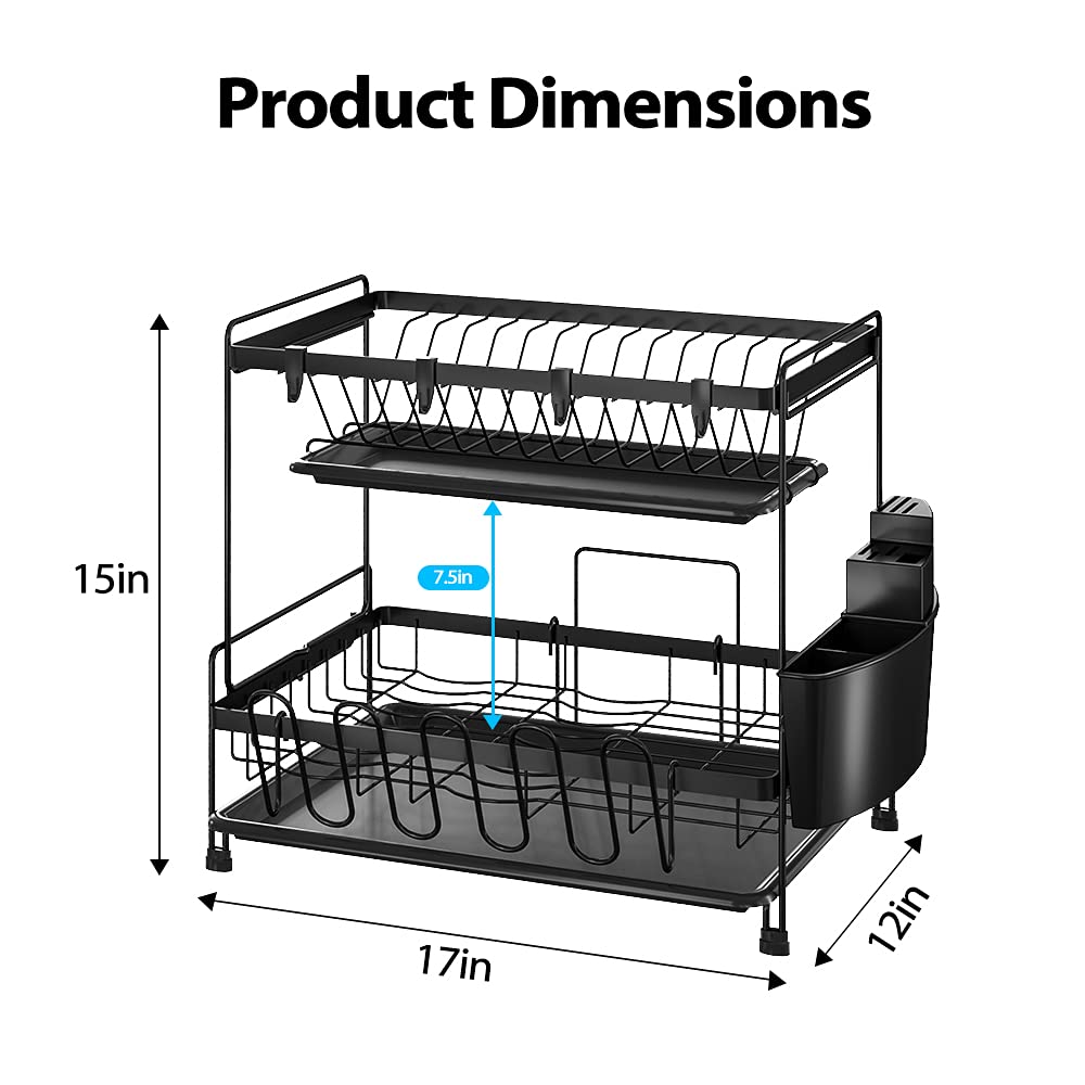 LEACHUTT Dish Drying Rack, 2 Tier Kitchen Dish Rack and Drainboard Set with Utensil, Cutlery and Cup Holder for Countertop, Large Rust-Proof Steel Dish Drainer for Plates, Mugs, Bowls, Knives, Black