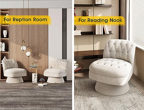 Dewhut Modern 360 Degree Swivel Velvet Barrel Accent Chair, Comfy Side Corner Sofa Chair for Small Space, Button Tufted Upholstered Armless Chair for Living Room, Bedroom, Office, Vanity(Beige)