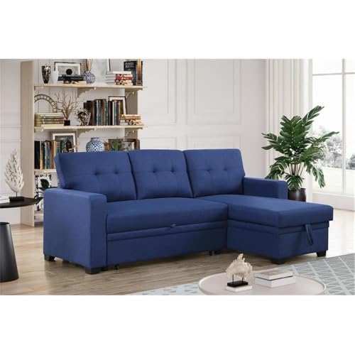 Devion Furniture L-Shaped Polyester Fabric Reversible, Easy Convertible Pull-Out Sleeper Sectional Sofa/Storage Chaise with Tufted Back Cushions and Track Arms in Blue