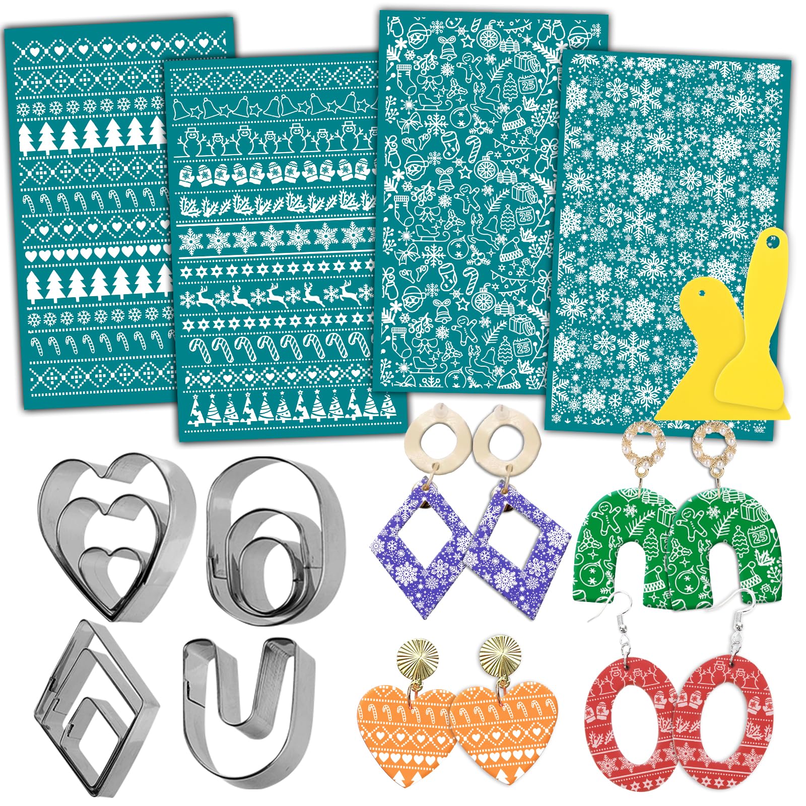 Vellibring Christmas Silk Screen Stencils for Polymer Clay,16Pcs Reusable Silk Screen Print Kit Clay Scraper Polymer Clay Cutters Polymer Clay Kit for Jewelry Clay Making Earrings Decoration Supplies