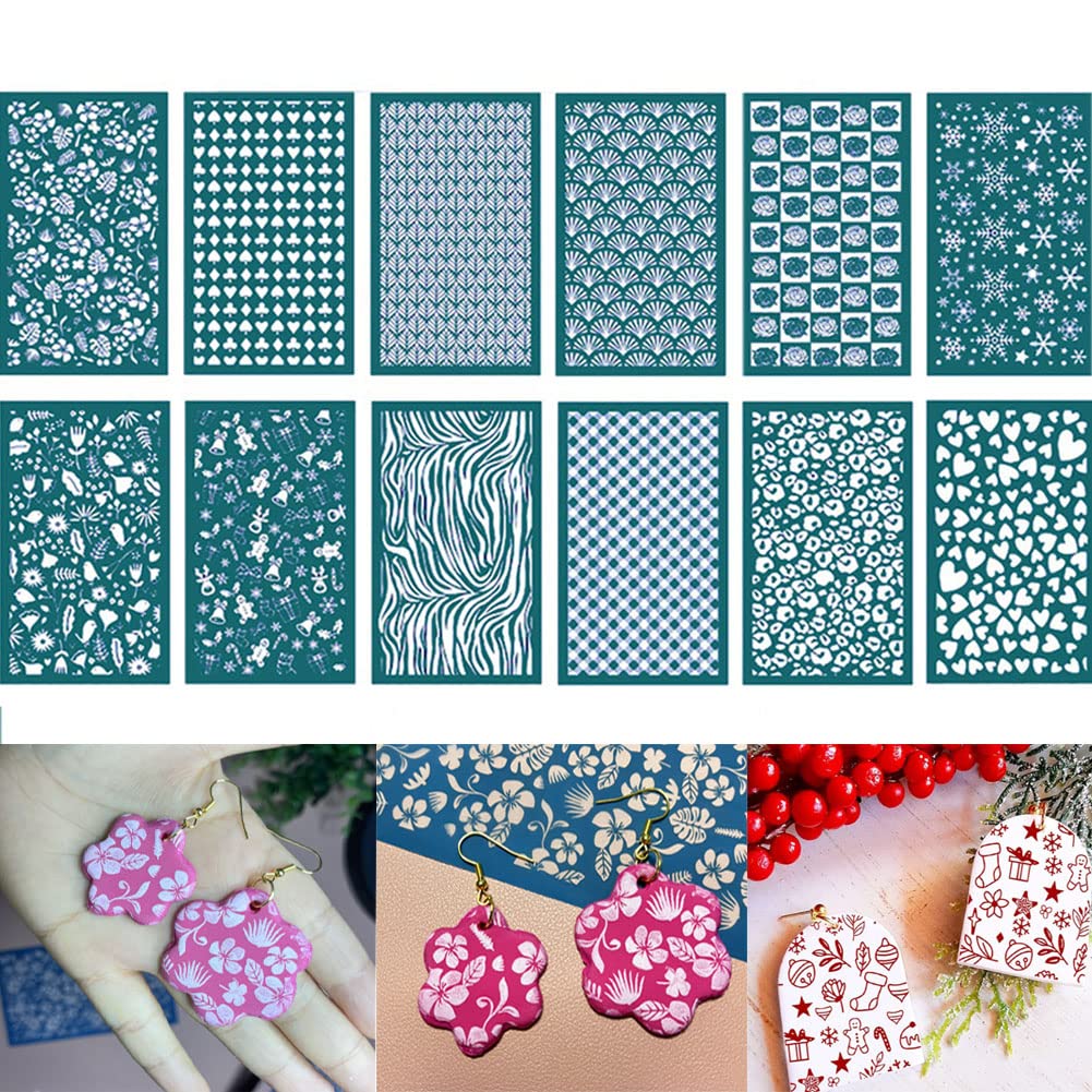 Reusable Silk Screen Polymer Clay Kit Flower Leaves Love Heart Christmas Bells Snowlake Decoration Silk Screen Stencils Polymer Clay Tools Printing on Clay & Other Jewelry Clay Earrings Decoration