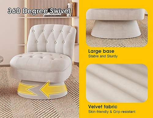 Dewhut Modern 360 Degree Swivel Velvet Barrel Accent Chair, Comfy Side Corner Sofa Chair for Small Space, Button Tufted Upholstered Armless Chair for Living Room, Bedroom, Office, Vanity(Beige)
