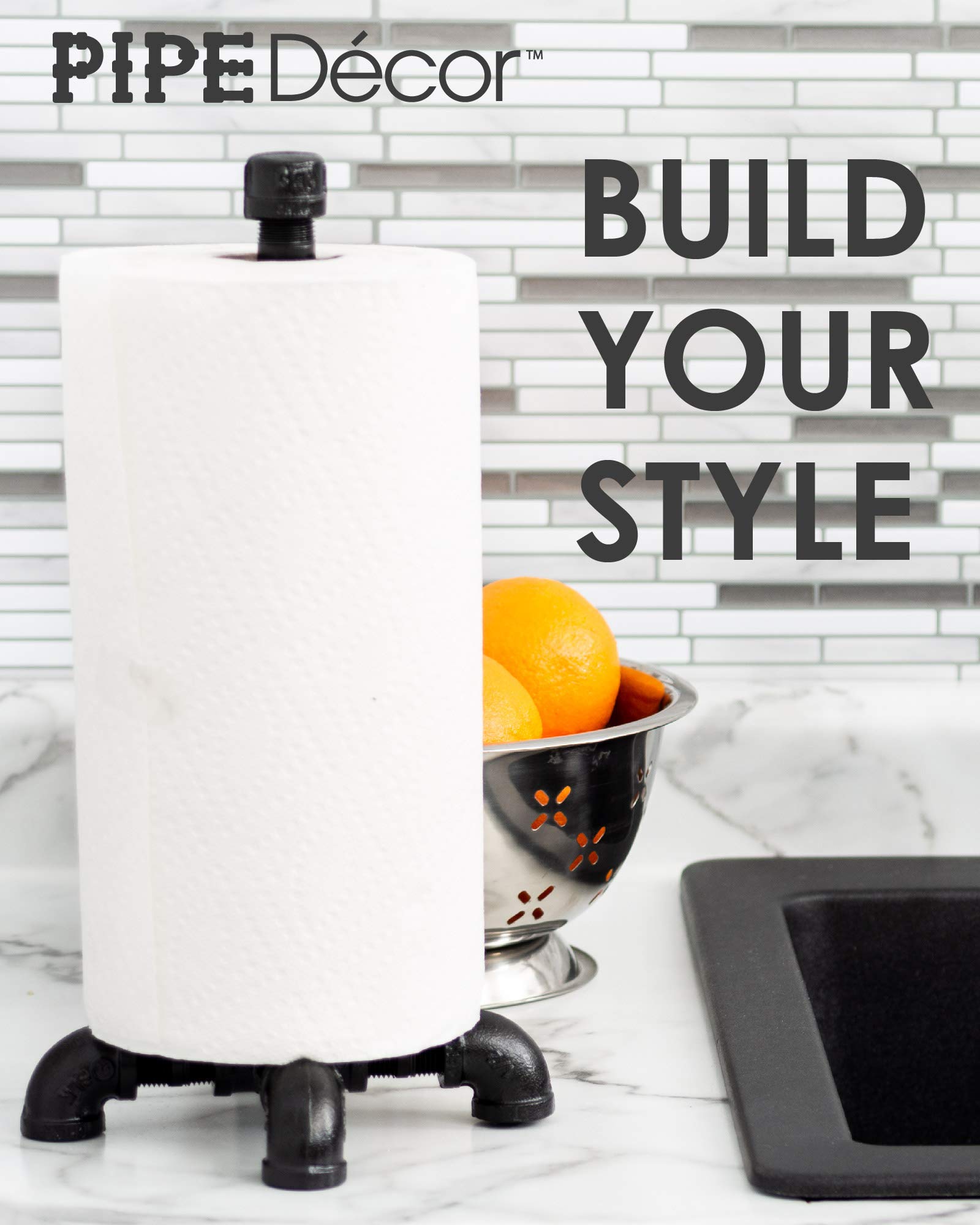 Pipe DÉCOR Black Electroplated Industrial Paper Towel Holder, Rustic Kitchen Farmhouse Decoration, Durable Metal Base and Stand Set