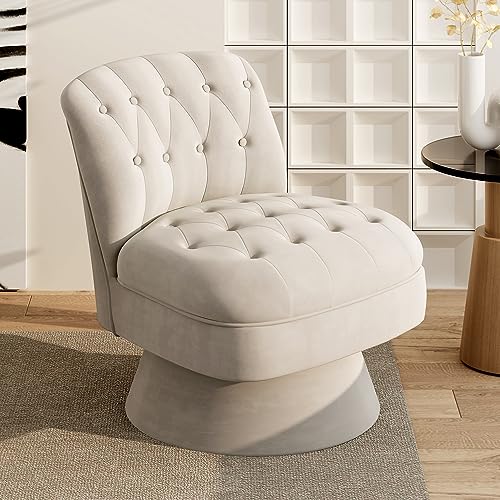 Dewhut Modern 360 Degree Swivel Velvet Barrel Accent Chair, Comfy Side Corner Sofa Chair for Small Space, Button Tufted Upholstered Armless Chair for Living Room, Bedroom, Office, Vanity(Beige)