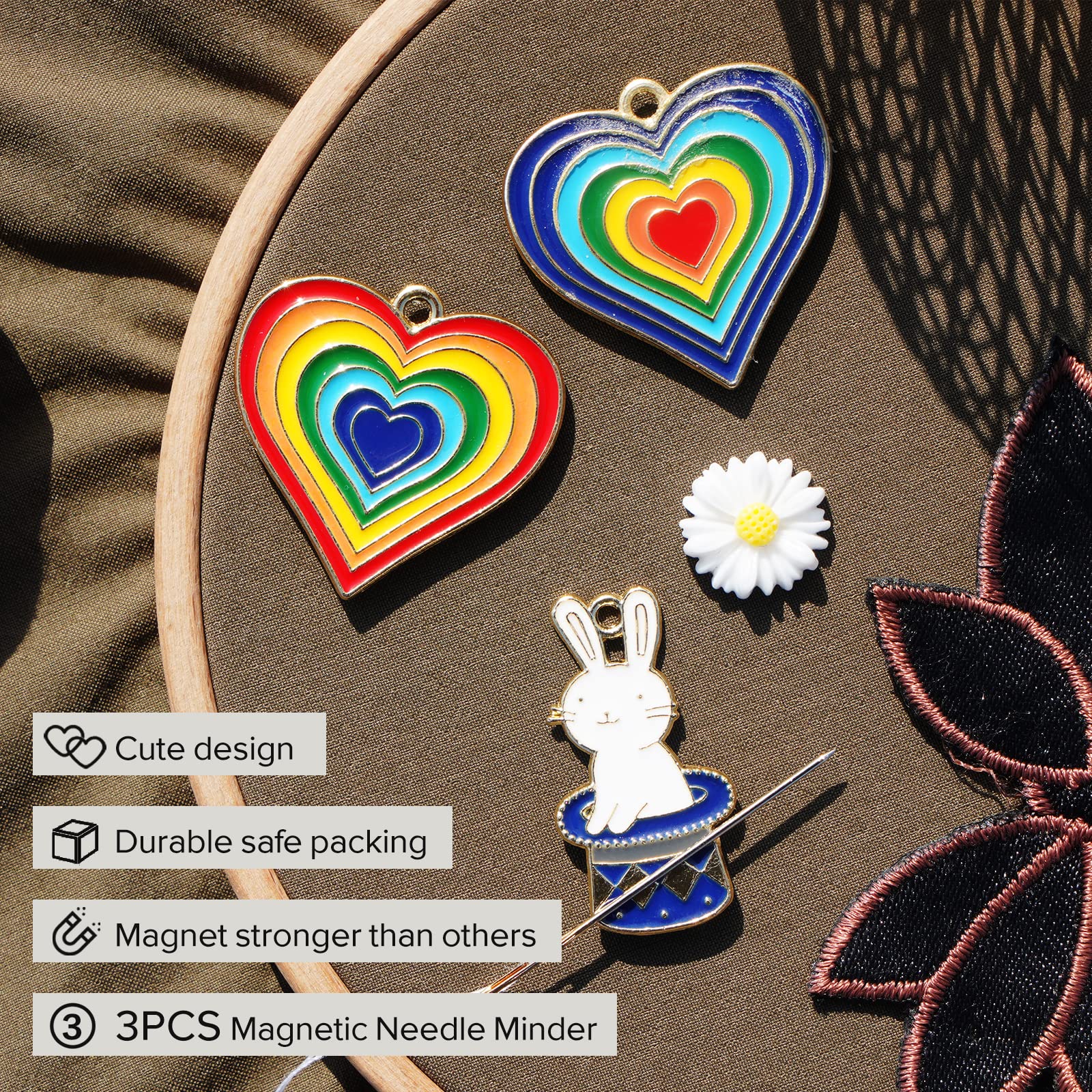 3pcs Needle Minder for Sewing,Magnetic Needle Keeper for Cross Stitch,Cute Love Cartoon Enamel Pin,Needle Holder for Embroidery,Needlework Storage Accessory, Gift for Cross Stitch Lover(6-Needle)
