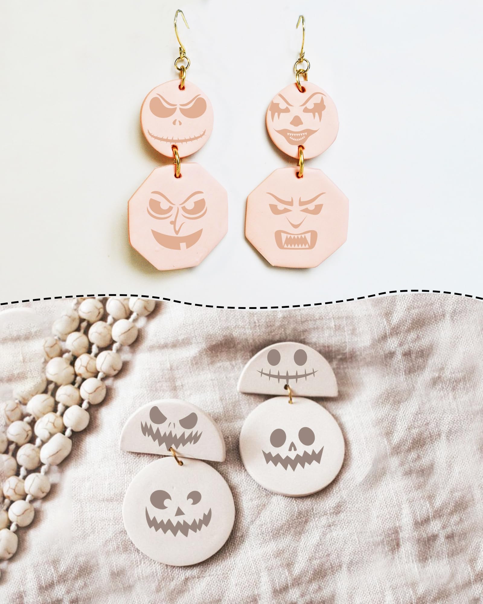 Puocaon Halloween Clay Silk Screen - 8 Pcs Reusable Silk Screen Stencils for Polymer Clay Jewelry Making, Individual Pattern Design for Halloween Theme on 8 Silk Screen Stencils, Polymer Clay Tools