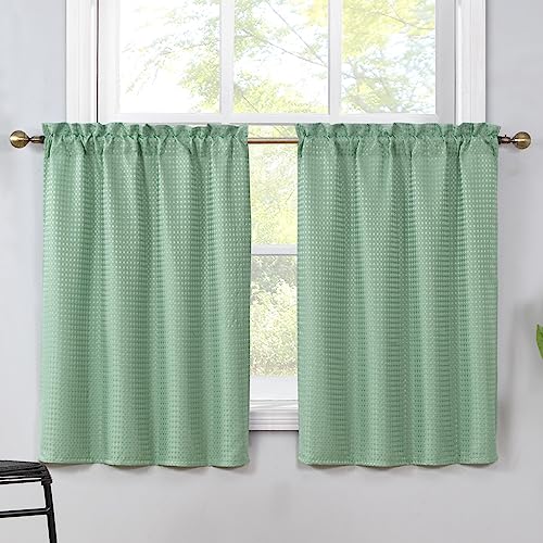 Home Queen Water Resistant Bathroom Window Curtains, Waffle Textured Half Cafe Curtain Tier for Kitchen, 28 W X 45 L Inches, Set of 2, Sage