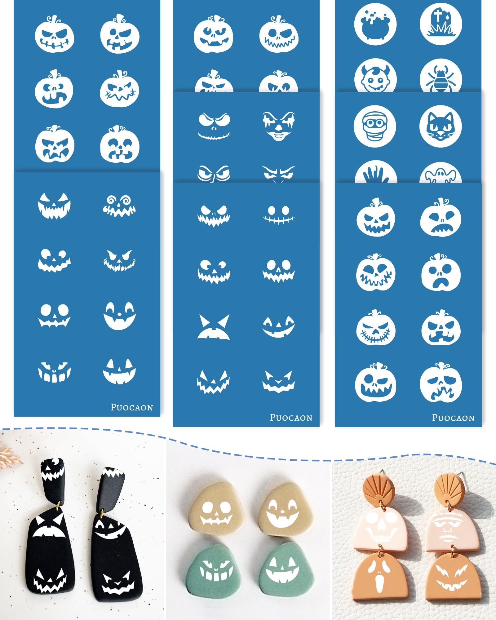 Puocaon Halloween Clay Silk Screen - 8 Pcs Reusable Silk Screen Stencils for Polymer Clay Jewelry Making, Individual Pattern Design for Halloween Theme on 8 Silk Screen Stencils, Polymer Clay Tools