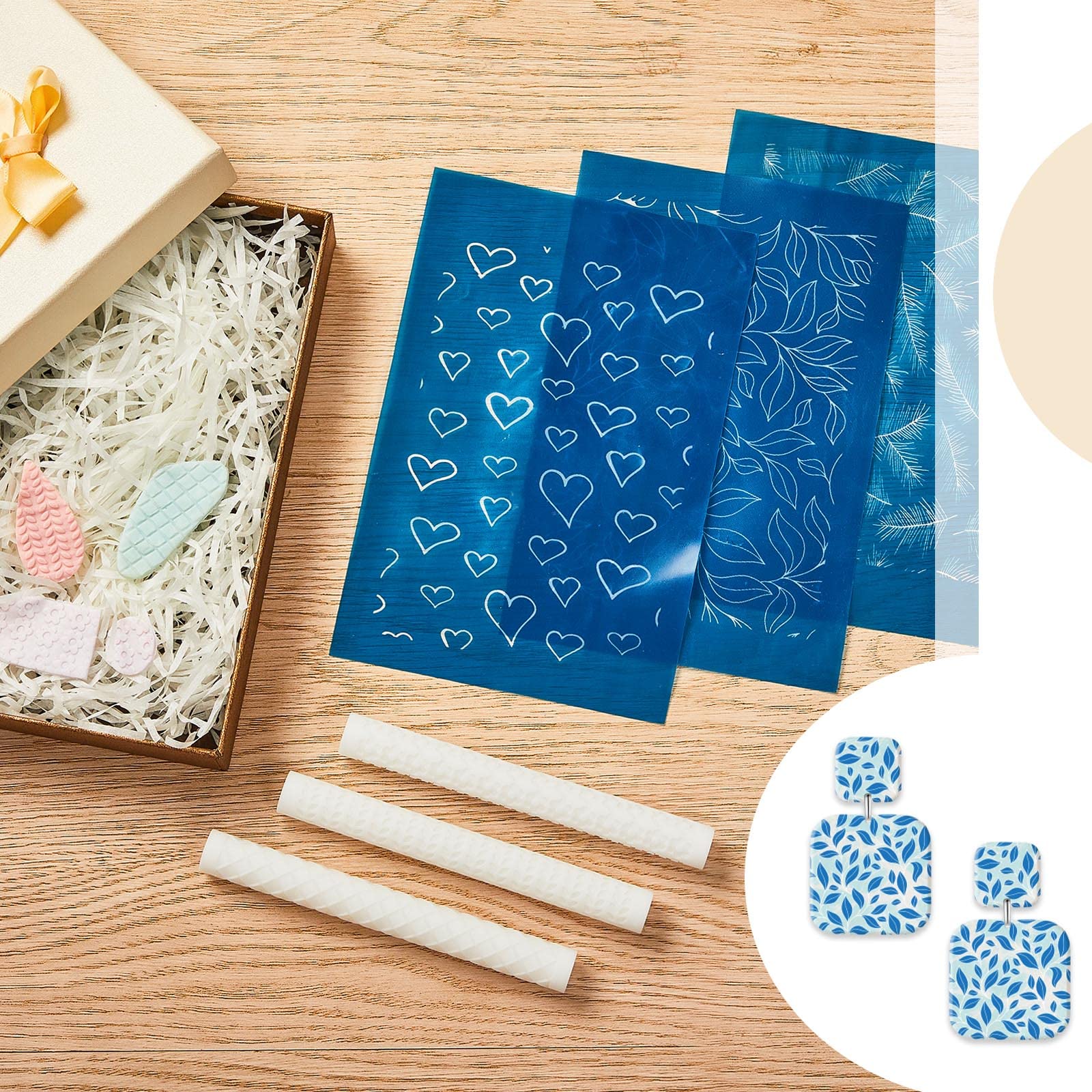 6 Pcs Clay Earring Making Kit, 3 Clay Texture Rollers, 3 Silk Screen Stencils for Polymer Clay, Polymer Clay Tools, 5.1 Clay Twig Rollers, 4 x 6 Inch Reusable Stencil for Clay Earrings Jewelry Making