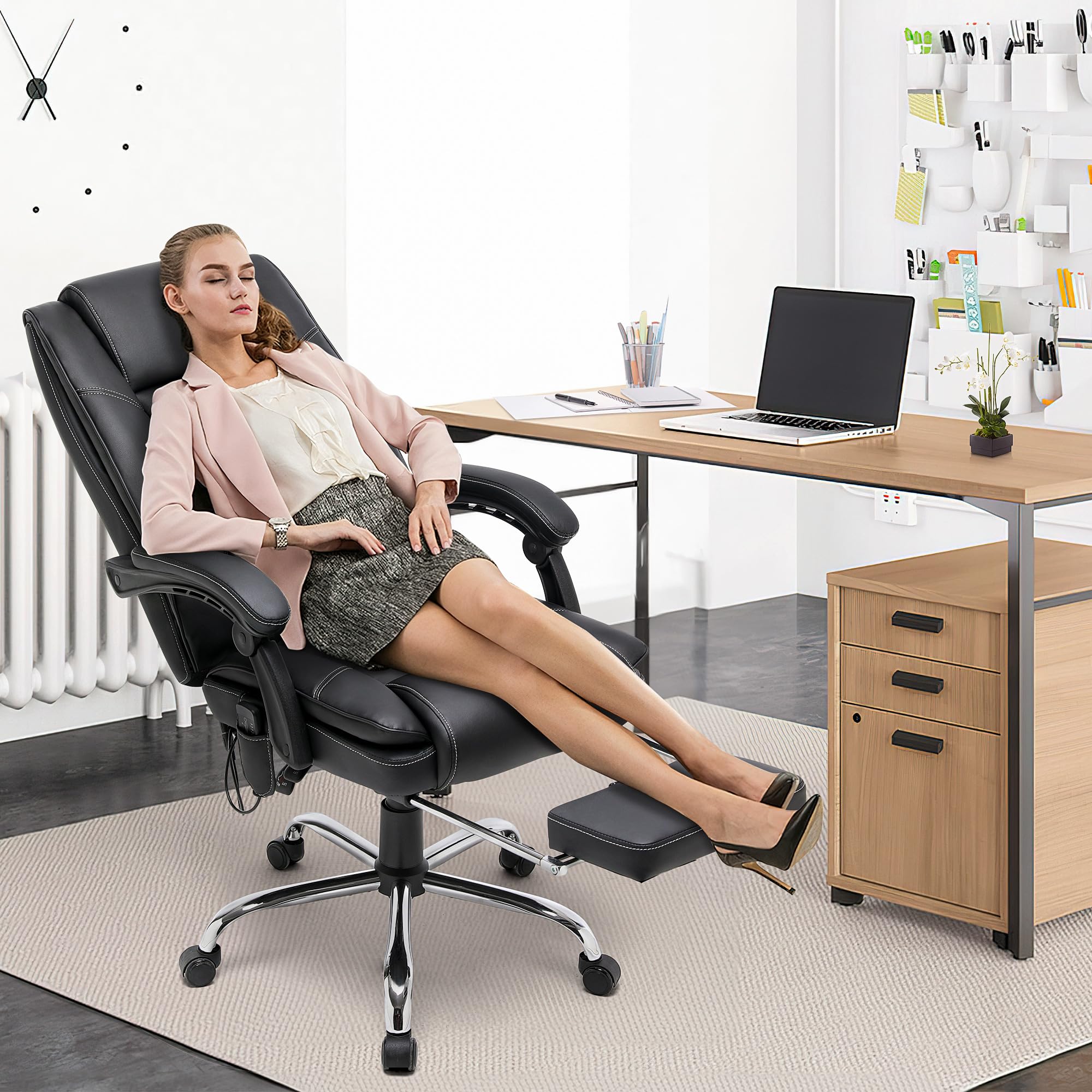 HOMREST Ergonomic Executive Office Chair, Massage Office Chair with Heated PU Leather Adjustable Height Reclining Office Chair with Foot Rest Armrest, Lumbar Back Support Home Office Desk Chairs