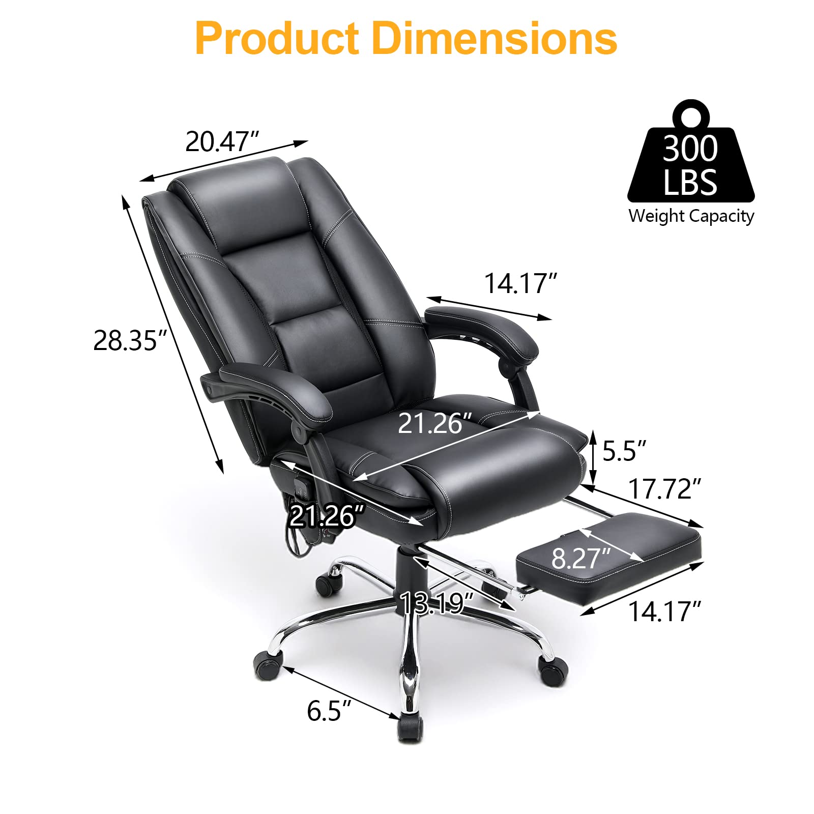 HOMREST Ergonomic Executive Office Chair, Massage Office Chair with Heated PU Leather Adjustable Height Reclining Office Chair with Foot Rest Armrest, Lumbar Back Support Home Office Desk Chairs