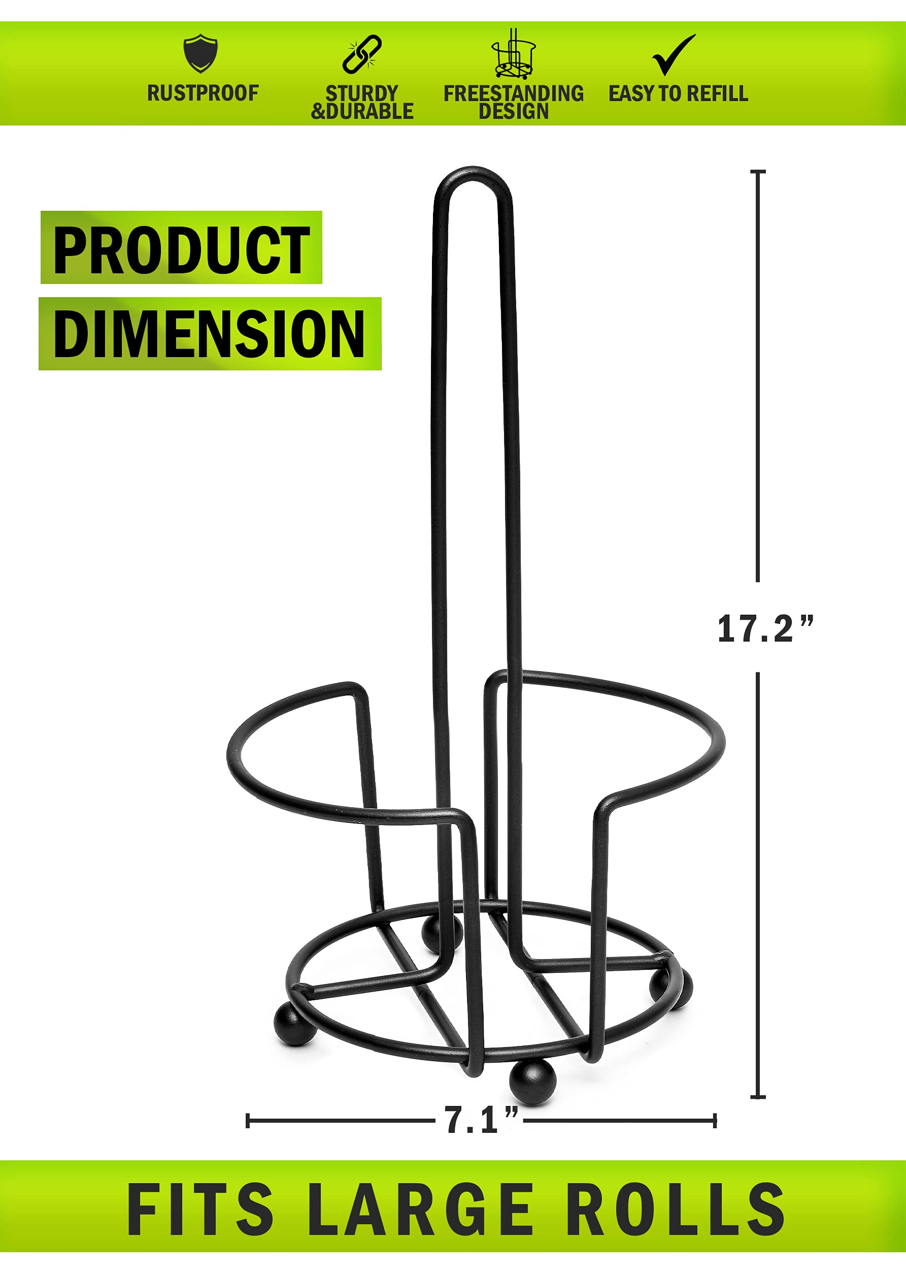 Totally Kitchen Paper Towel Holder | Simple Tear Standing Paper Towel Dispenser | Heavy Duty Metal Construction | Fits Rolls | Matte Black