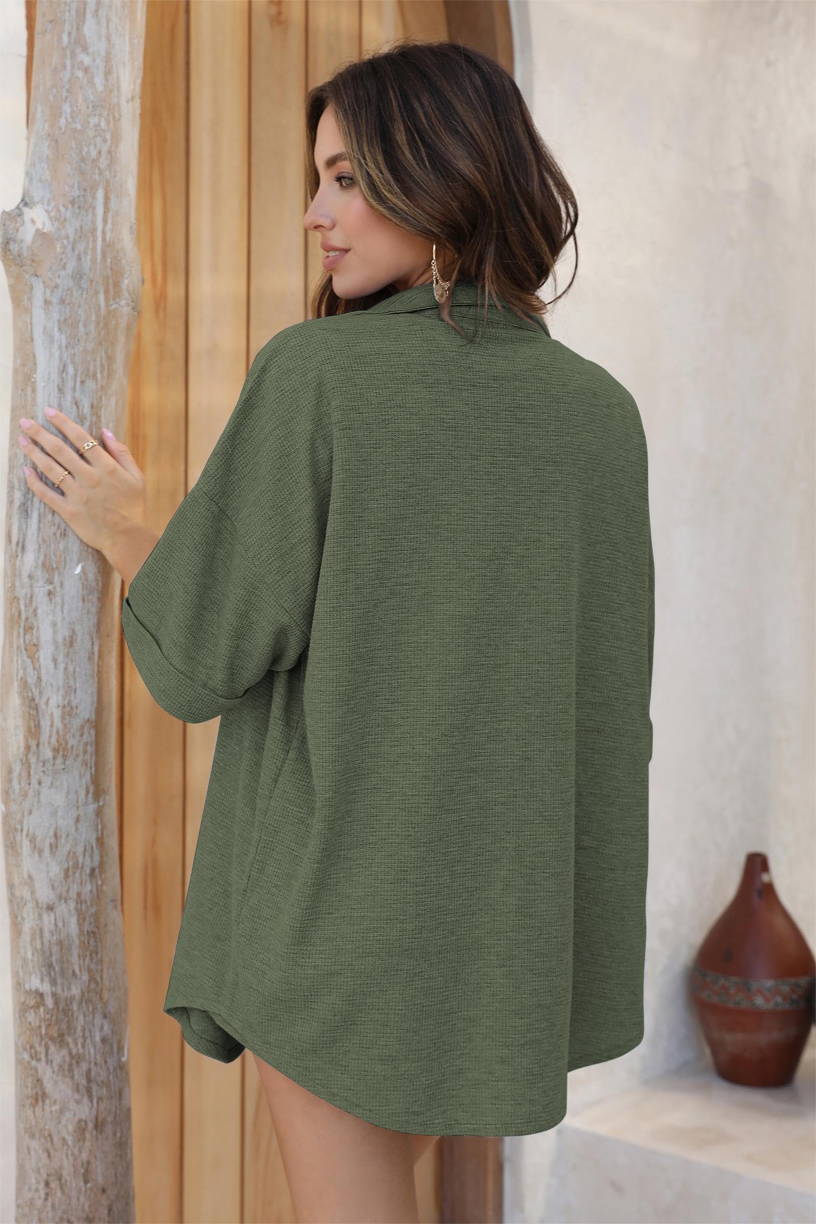 Ekouaer Waffle Knit Lounge Sets for Women Short Sleeve Pajamas Button Down Pjs Oversized Loungewear Shorts Set