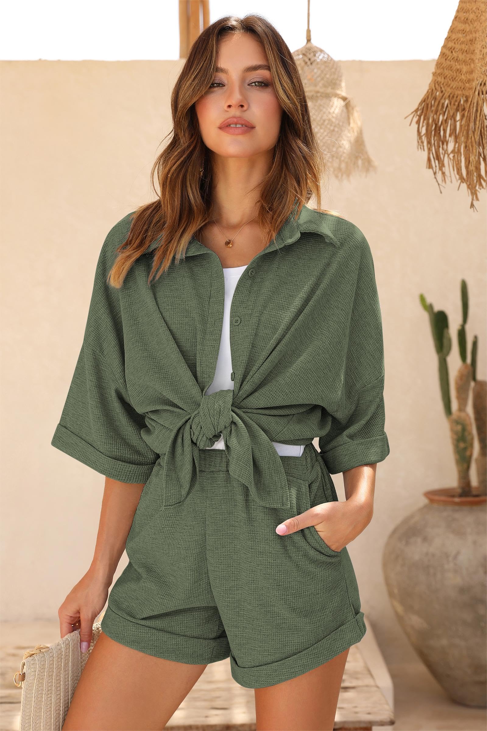 Ekouaer Waffle Knit Lounge Sets for Women Short Sleeve Pajamas Button Down Pjs Oversized Loungewear Shorts Set