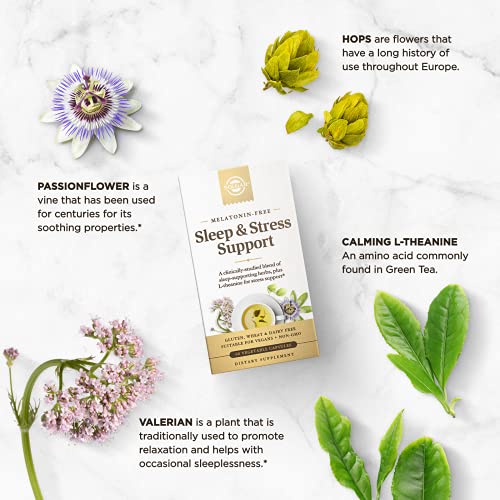 Solgar Sleep & Stress Support, Vegetable Capsules, Melatonin Free, Helps Relax, Calm You, Fall Asleep Quickly, Improve Sleep Quality with Valerian, Passionflower, Hops, Non-GMO, 15 Servings, 30 Count