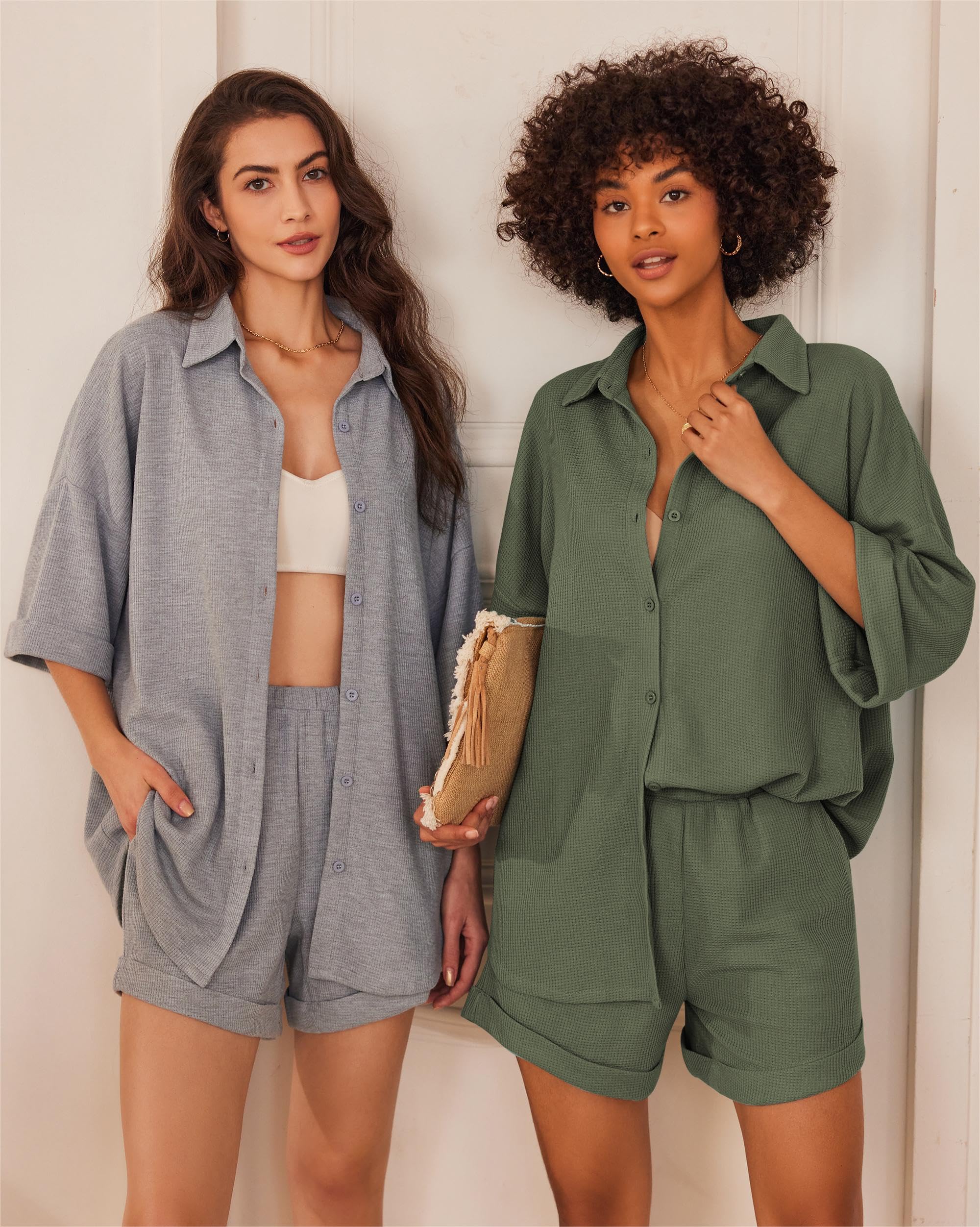 Ekouaer Waffle Knit Lounge Sets for Women Short Sleeve Pajamas Button Down Pjs Oversized Loungewear Shorts Set