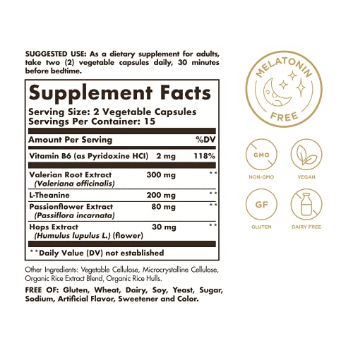 Solgar Sleep & Stress Support, Vegetable Capsules, Melatonin Free, Helps Relax, Calm You, Fall Asleep Quickly, Improve Sleep Quality with Valerian, Passionflower, Hops, Non-GMO, 15 Servings, 30 Count