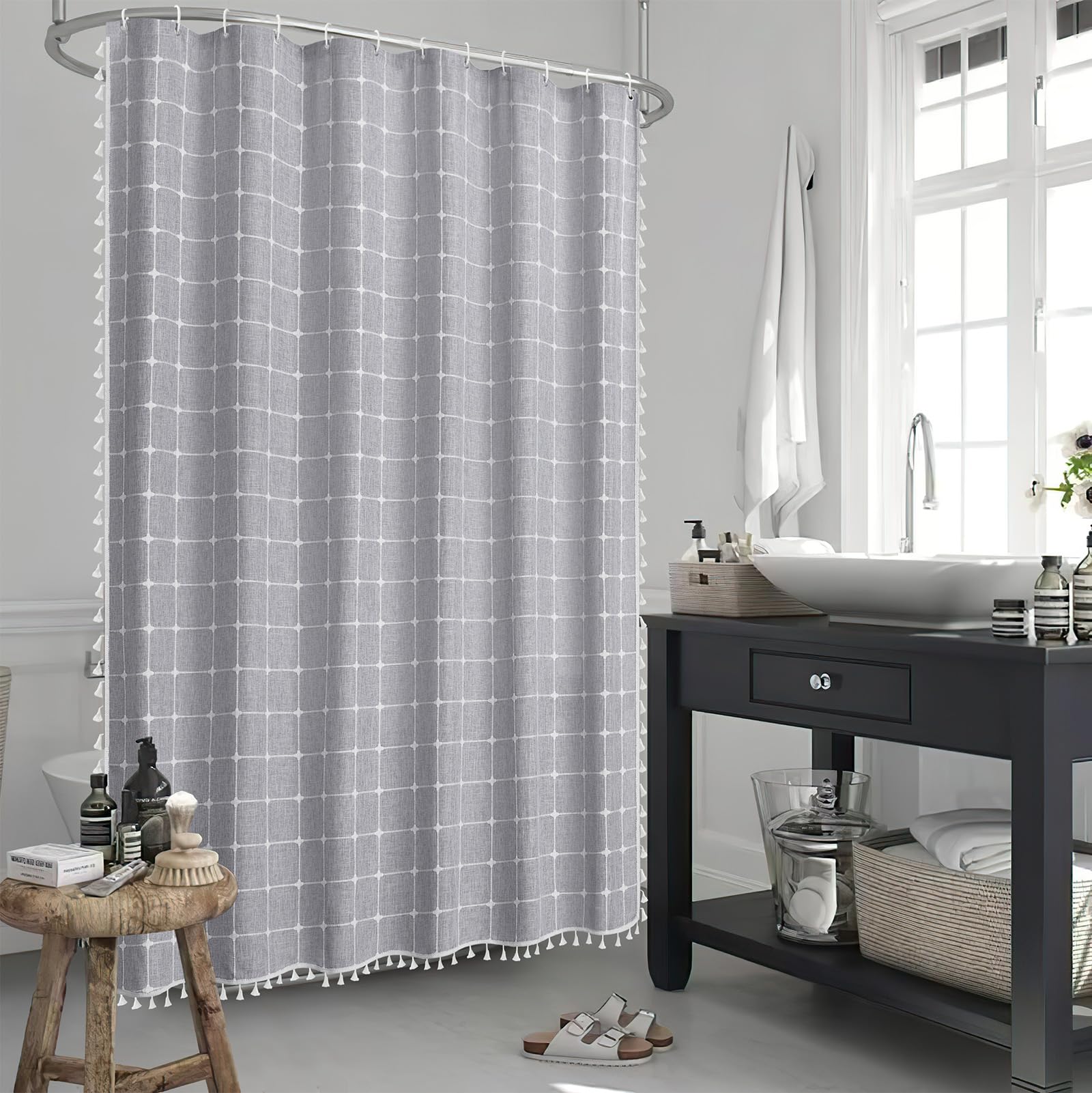 Boho Long Shower Curtain, 72x78 Inches Long Linen Thick Fabric Shower Curtain with Tassels,Tall Modern Farmhouse Neutral Textured Cloth Shower Curtains for Bathroom, Water Repellent, 72x78, Gray/Grey