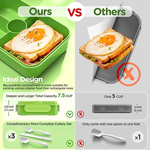 DaCool Kids' Bento Box Toddler Lunch Box for Kids 7.5 Cup 4-Compartment Leakproof with Fork Spoon School Lunch Containers for Meal Snack, Microwave & Dishwasher Safe, BPA Free, Green