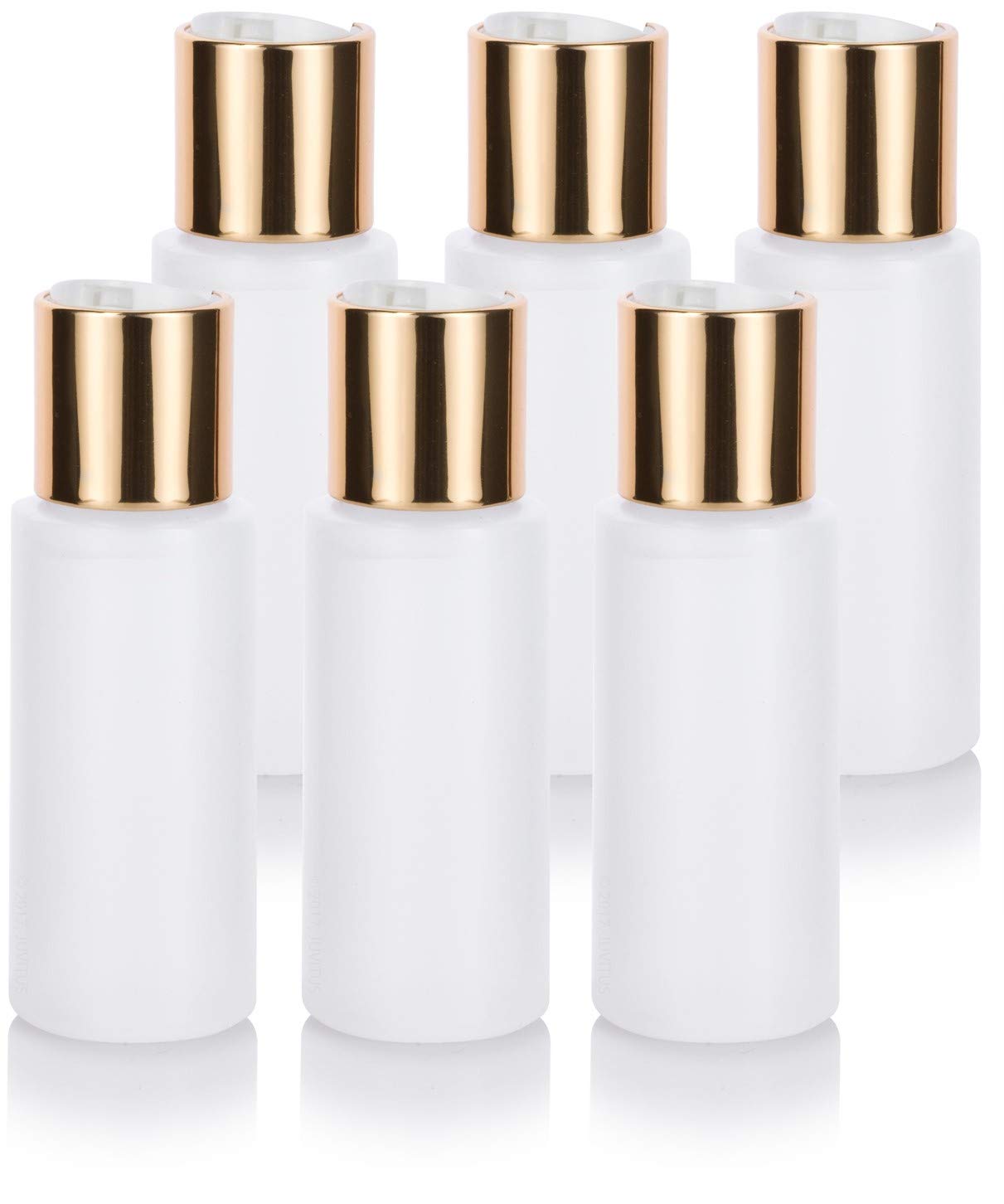 JUVITUS 2 oz Clear Natural Refillable Plastic Squeeze Bottle with Gold Metal Disc Cap Top - (6 Pack)