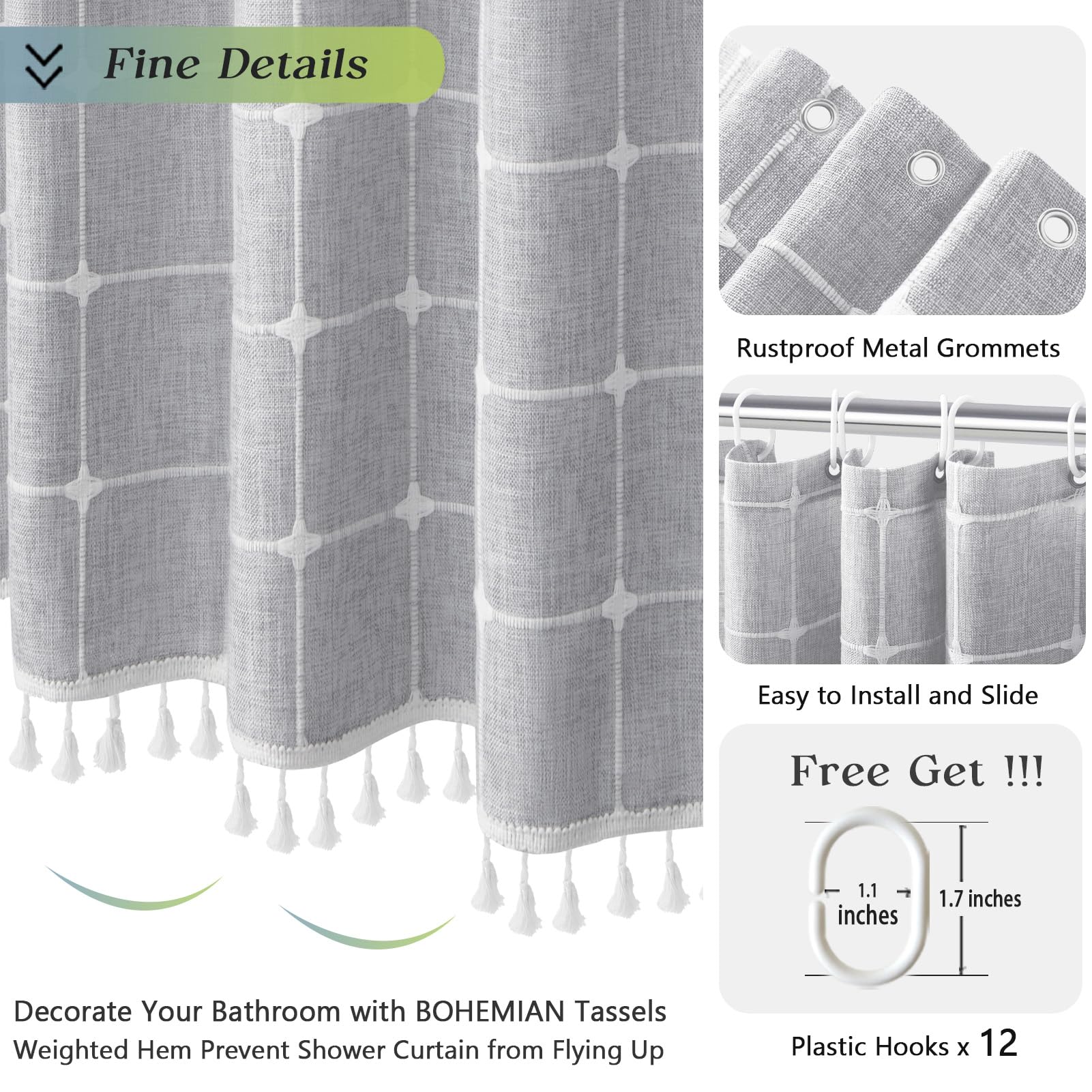 Boho Long Shower Curtain, 72x78 Inches Long Linen Thick Fabric Shower Curtain with Tassels,Tall Modern Farmhouse Neutral Textured Cloth Shower Curtains for Bathroom, Water Repellent, 72x78, Gray/Grey