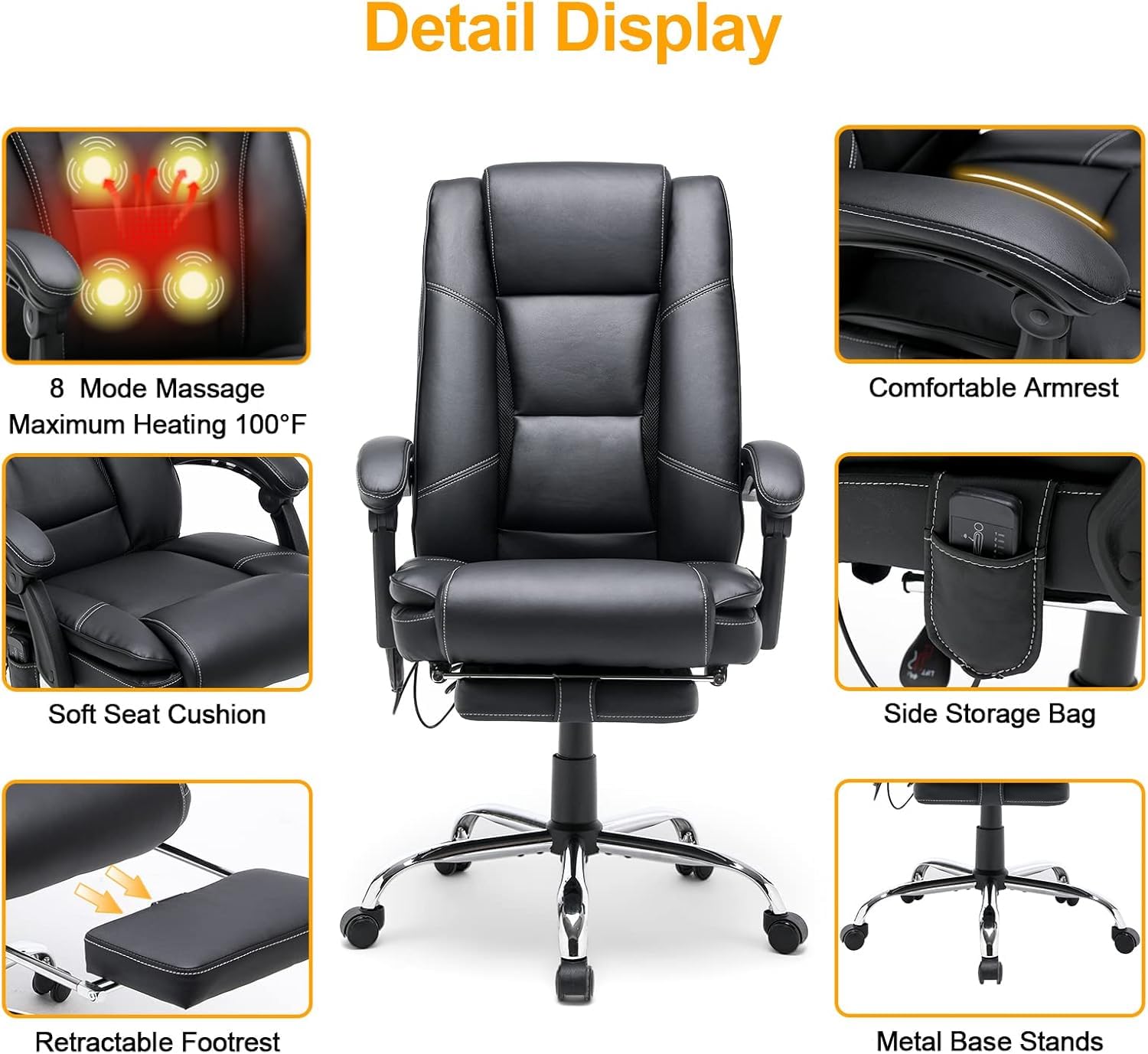 HOMREST Ergonomic Executive Office Chair, Massage Office Chair with Heated PU Leather Adjustable Height Reclining Office Chair with Foot Rest Armrest, Lumbar Back Support Home Office Desk Chairs