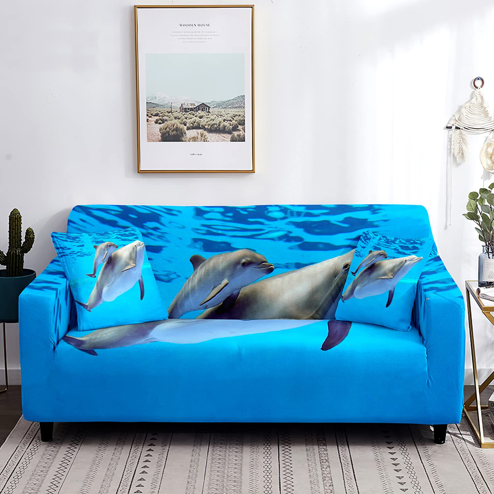 Dolphin Stretch Sofa Slipcovers, Blue Ocean 3D Printed Covers Sofa 1 2 3 4 Seater, Sofa Furniture Protector Cover with 2 Free 45 * 45cm Sofa Pillow Covers
