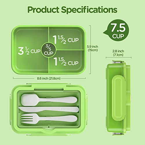 DaCool Kids' Bento Box Toddler Lunch Box for Kids 7.5 Cup 4-Compartment Leakproof with Fork Spoon School Lunch Containers for Meal Snack, Microwave & Dishwasher Safe, BPA Free, Green