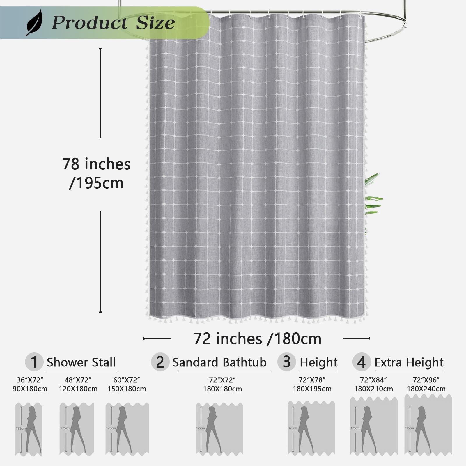 Boho Long Shower Curtain, 72x78 Inches Long Linen Thick Fabric Shower Curtain with Tassels,Tall Modern Farmhouse Neutral Textured Cloth Shower Curtains for Bathroom, Water Repellent, 72x78, Gray/Grey