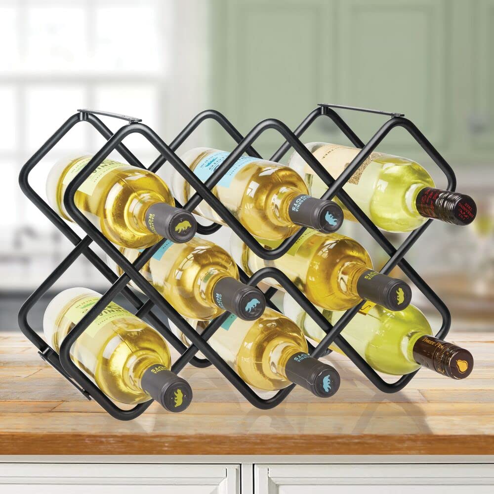 mDesign Metal Free-Standing Wine Rack Storage Organizer for Kitchen Countertops, Pantry, Fridge - Stores Wine, Beer, Pop/Soda, Water Bottles - 3 Levels, Holds 8 Bottles - Black