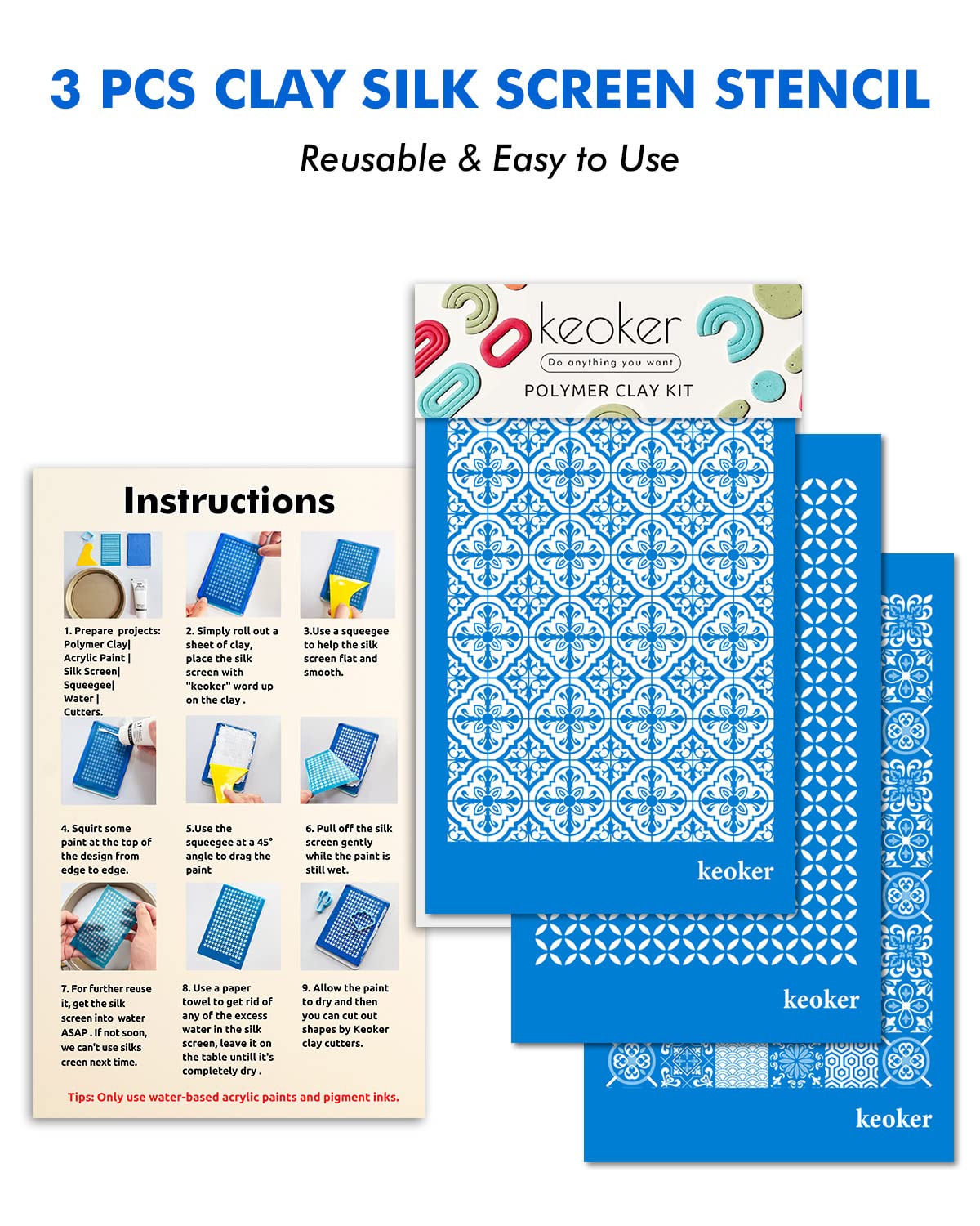 KEOKER Silk Screen Stencils for Polymer Clay, 3PCS Tile Pattern Stencils