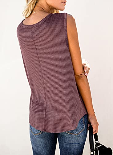 Dokotoo Womens Ladies Basic Solid Summer Casual Round Neck Waffle Knit Ribbed Loose Fit Long Tunic Tank Tops Sleeveless Shirts Cami Tops Blouses Tees Vest Wine Large